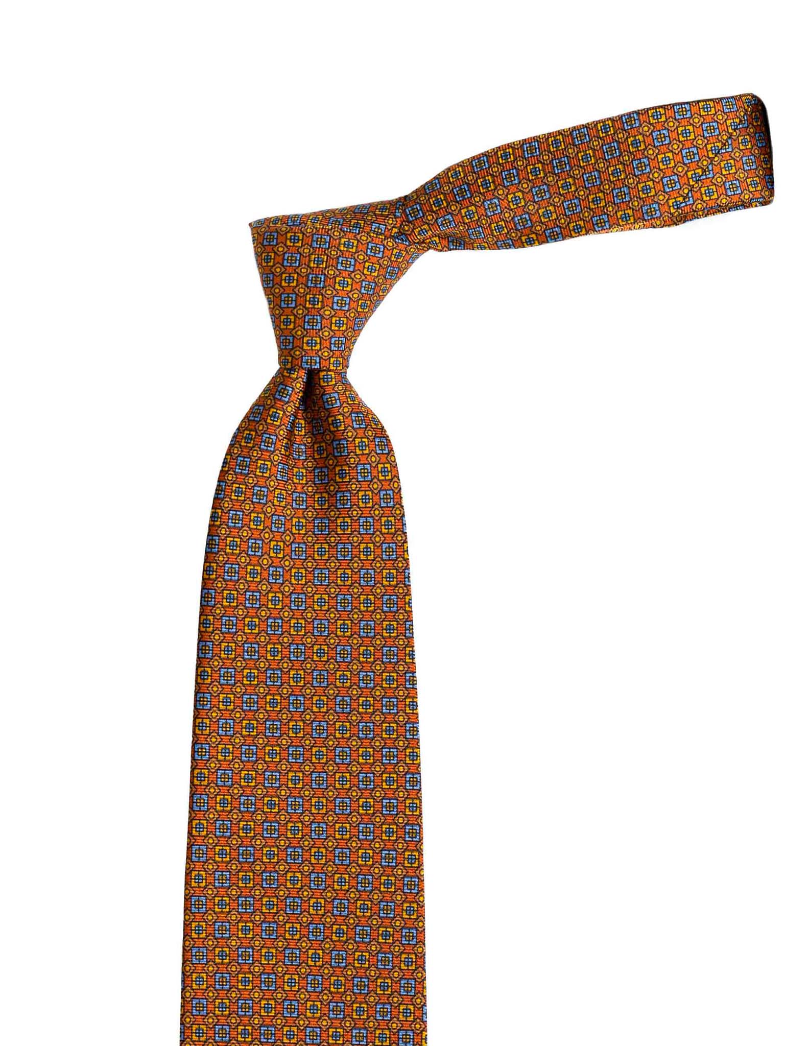 DEEP OCHRE YELLOW AND LIGHT BLUE PATTERN PRINTED SILK TIE